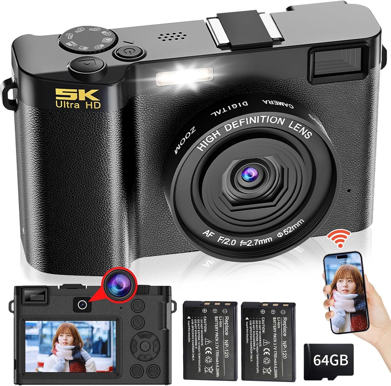 Moledro WIFI転送機能 デジタルカメラ スマホに送れるデジカメ 5K 6400万画素 デュアルレンズ 64GBマイクロSDカード付き 18倍デジタルズーム オートフォーカス機能 ...