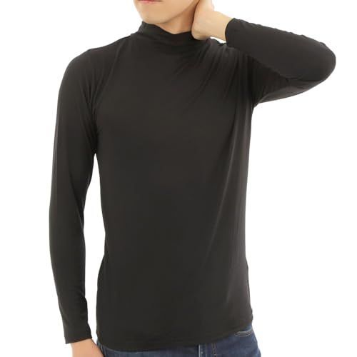 ブラック_3L [MaoWao] ハイネック メンズ ピーチ 起毛 インナー 長袖 Tシャツ あったか 大きいサイズ ストレッチ 伸縮性 エコ暖 メルティ フィット 無地 秋 冬 (3L ...