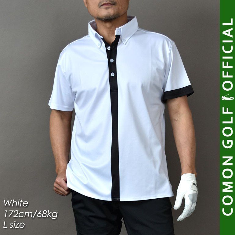 新品【COMONGOLF/コモンゴルフ】バックプリント＆前立てプリント半袖ゴルフポロシャツ/ホワイト(CG-SP502S)ゴルフウェア ロゴ バイカラー DRY素材 ストレッチ サイドスリット ...