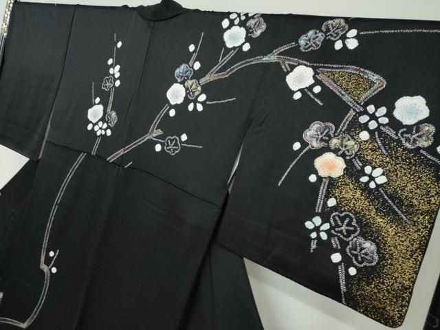 平和屋着物○訪問着 駒刺繍 絞り 枝梅文 黒地 金彩 正絹 逸品