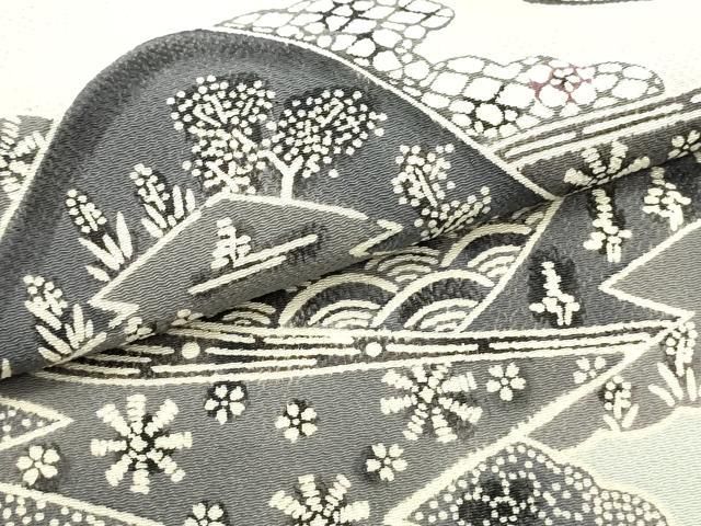 平和屋着物○九寸名古屋帯 型染め 流水風景飛鶴花文 鬼しぼ縮緬 正絹