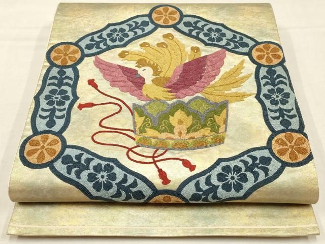 平和屋着物○中国三大刺繍 相良刺繍 総刺繍 九寸名古屋帯 紬地 草花文