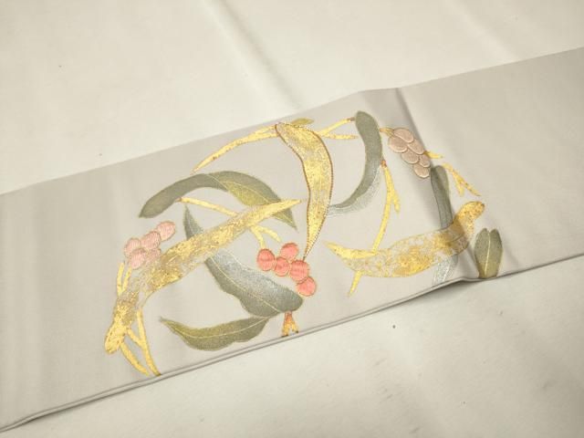 平和屋着物○塩瀬 九寸名古屋帯 駒刺繍 葡萄蔦の葉文 金彩 正絹 逸品