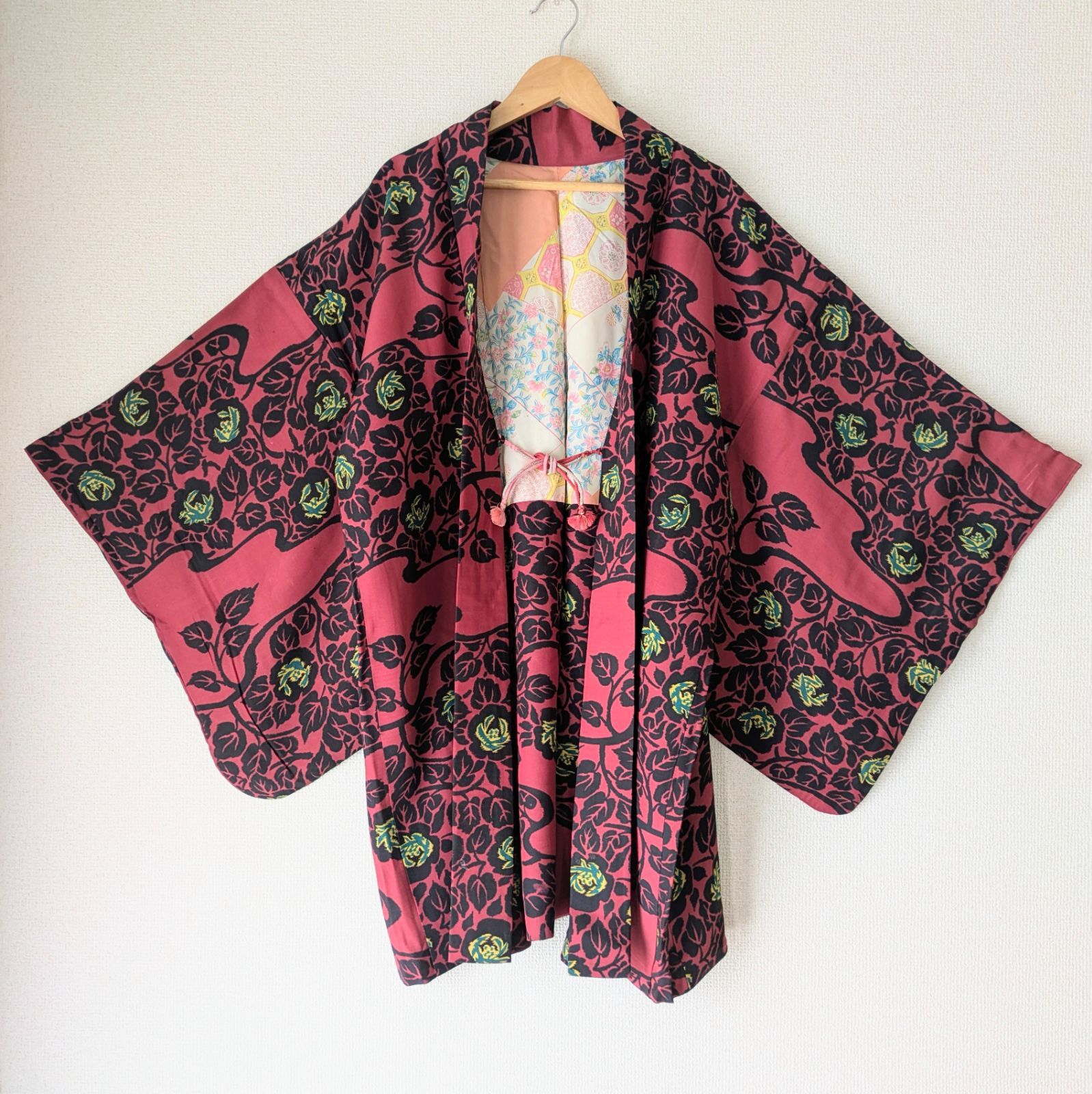 Japanese Vintage Haori Long Chirimen Red Rose Pattern Silk Kimono Gown ...