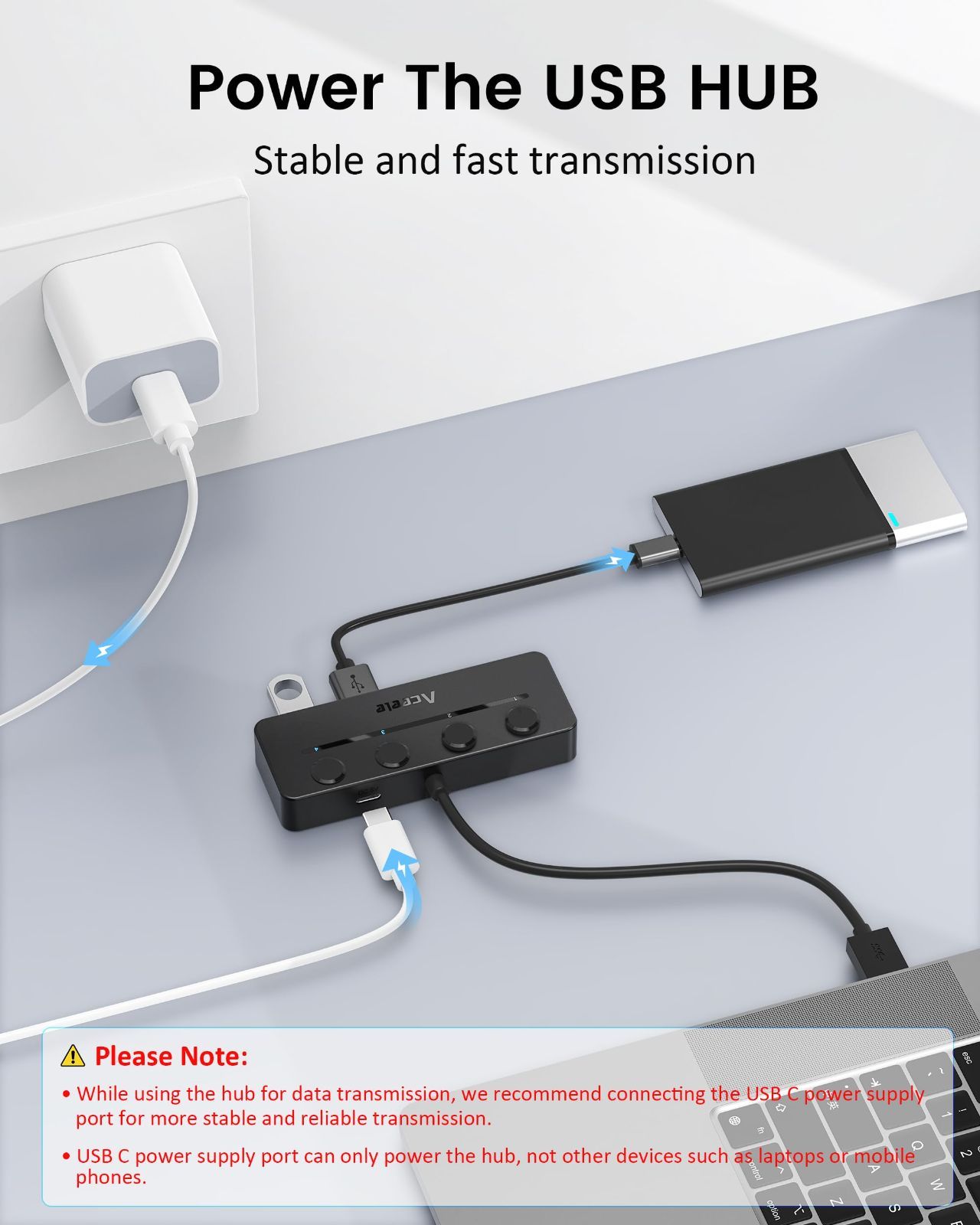 USB ハブ 5ポート USB A 3.0 Aceele 4ポート 上差込タイプ Type-C 給電用ポート付き 直挿し 独立スイッチ付き LED表示灯5Gbps高速転送 USB増設 小型 ...