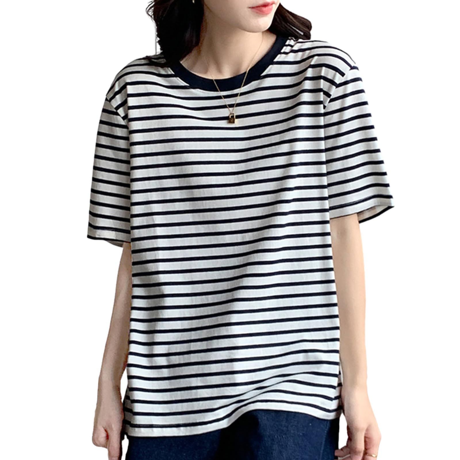 [Tumao] tシャツ レディース 半袖 ボーダー クルーネック トップス 夏 Tシャツ トップス ストライプ おしゃれ カットソー 体型 ...