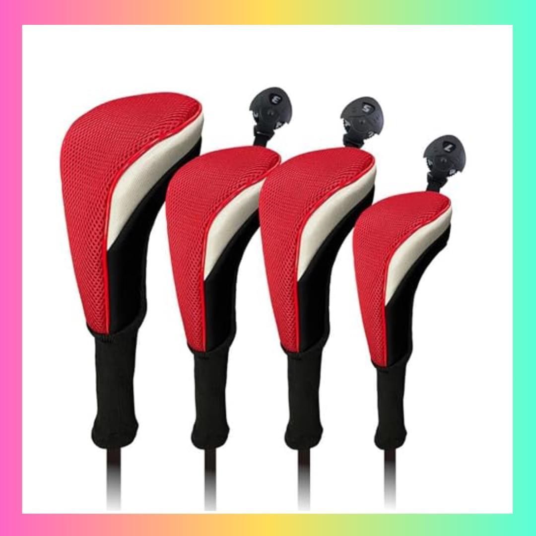 4点セット（DR、FW×2、UT）_赤 ヘッドカバー セット ドライバー ユーティリティ フェアウェイウッド DR FW UT カバー 網 4点セット 7カラー 回転式番手付き (4点セット ...