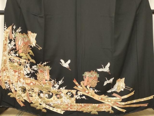 平和屋着物□豪華黒留袖 駒刺繍 御所車飛鶴花文 金彩 正絹