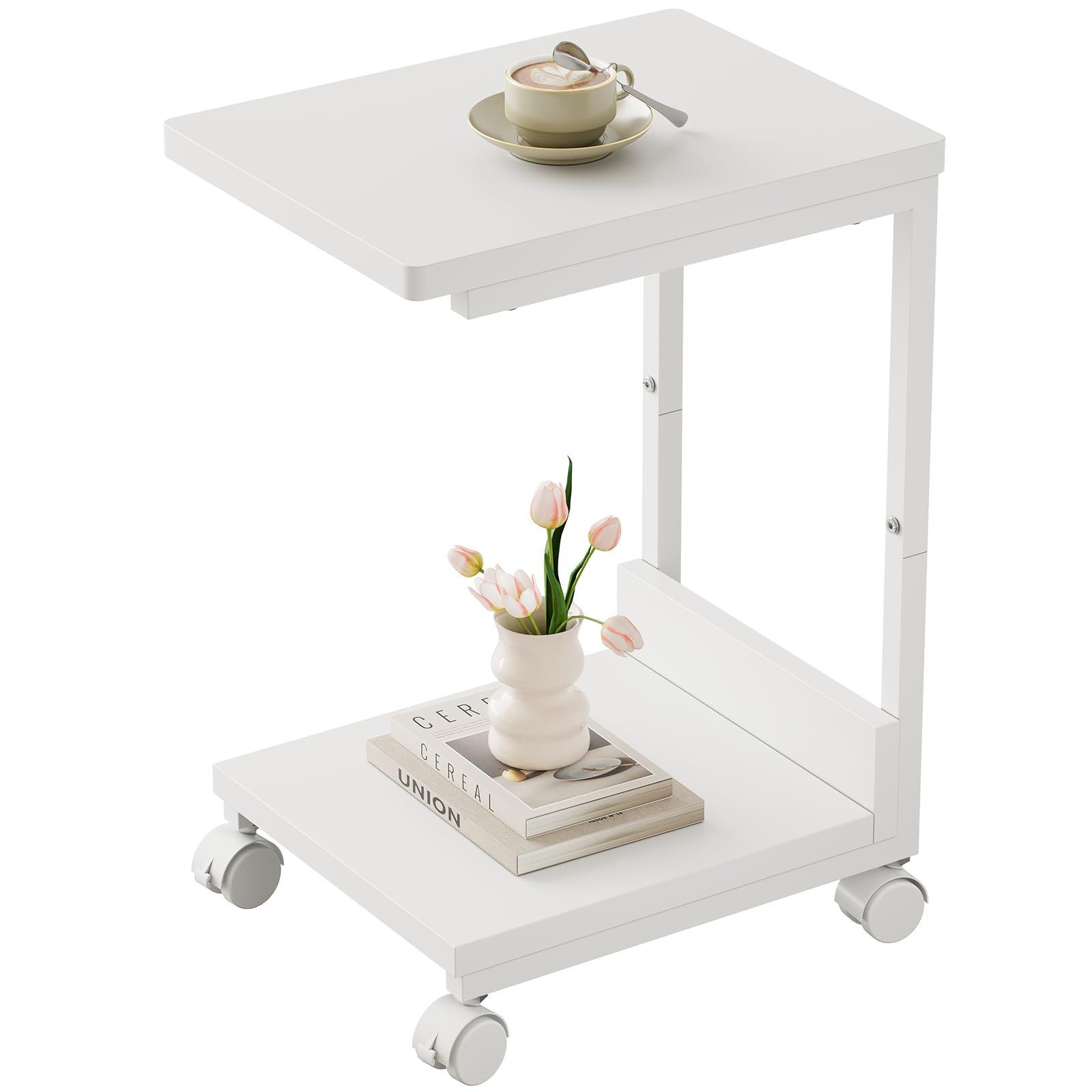 【在庫セール】YeTom サイドテーブル キャスター付き ベッドサイドテーブル 可移動ベッドテーブル サイドワゴン コの字 テーブル 層幅37×奥行26×高さ53cm（キャスター付き） 白い ...
