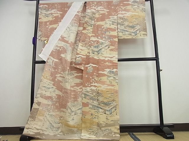 平和屋本店■極上　染織の名門　しょうざん　生紬　訪問着　単衣　人物風景文　逸品3s4949 平和屋本店□極上 染織の名門 しょうざん 生紬 訪問着 単衣 人物風景文