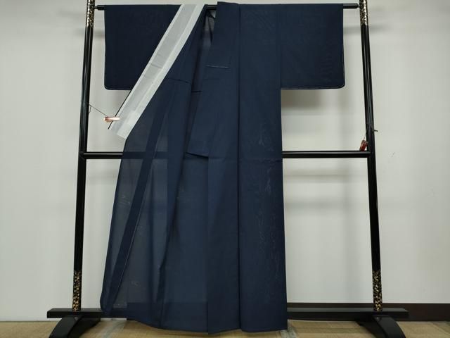 平和屋着物＊夏物 色無地 紗 流水文 濃藍色 正絹 逸品 未