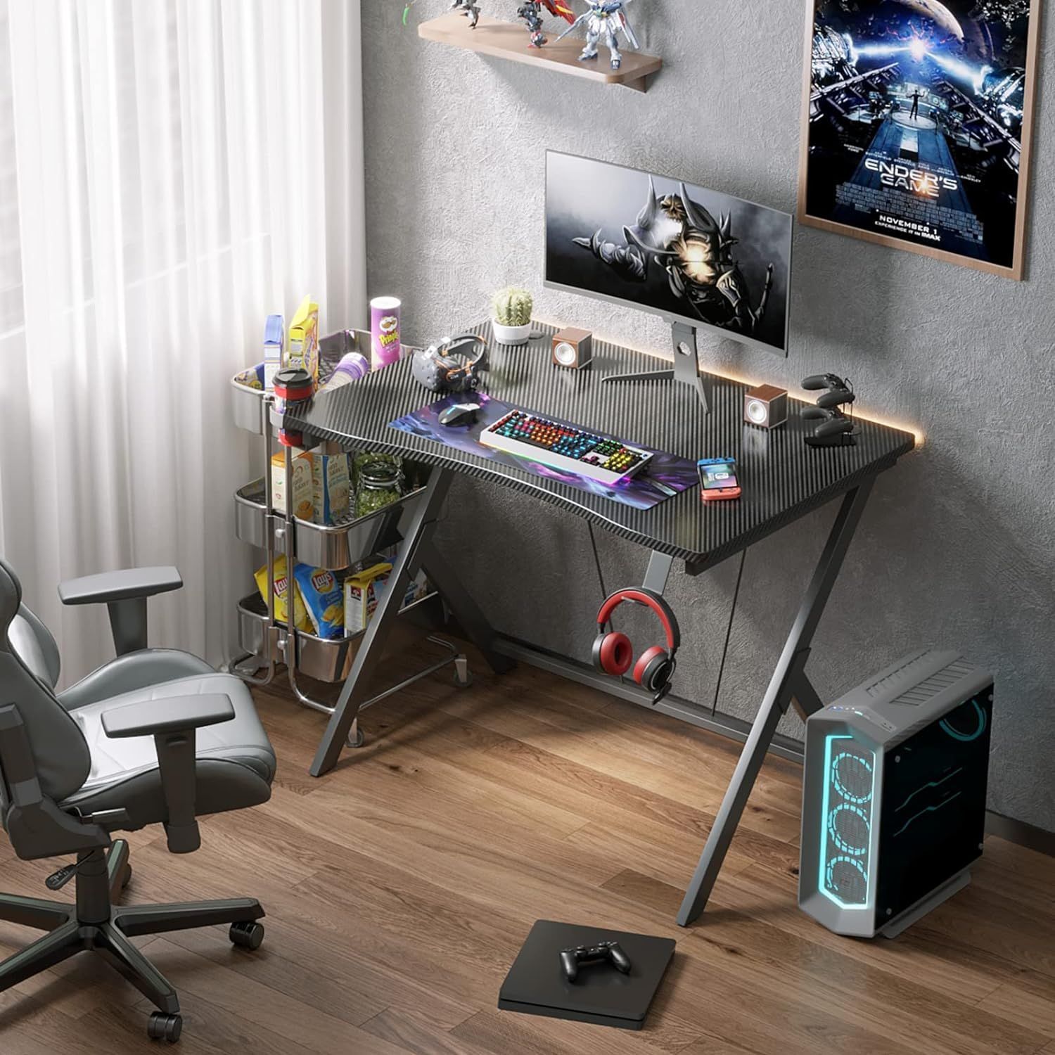 【未使用】KKL シンプルゲーミングデスク パソコンデスク 幅80奥行60cm オフィスデスクpcデスク カーブ型天板デスク カーボン調天板 カップホルダー ラック付き 軽くて安定 女性でも ...