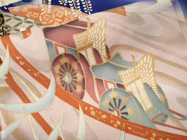 平和屋着物□豪華振袖 鬘帯御所車飛鶴地紙草花文 暈