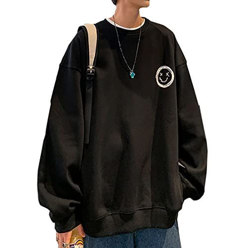 ブラック_4XL [Zon Smaids] [ゾンスマイズ] トレーナー ゆったり クルー ネック トップス カットソー ロゴ 無地 ...