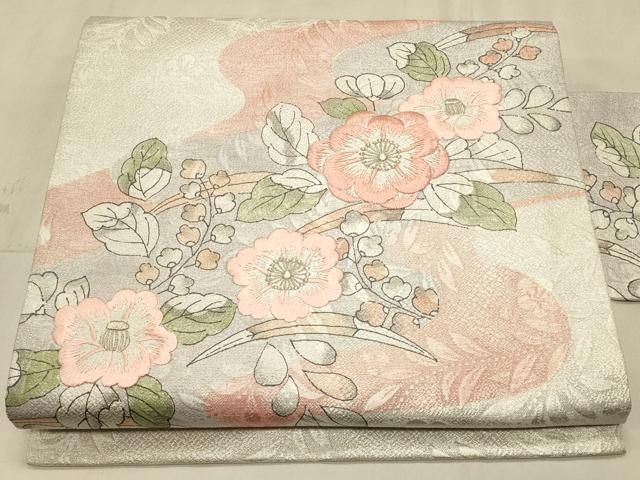 平和屋着物○九寸名古屋帯 紬地 型染 重ね山青海波花文 正絹 逸品