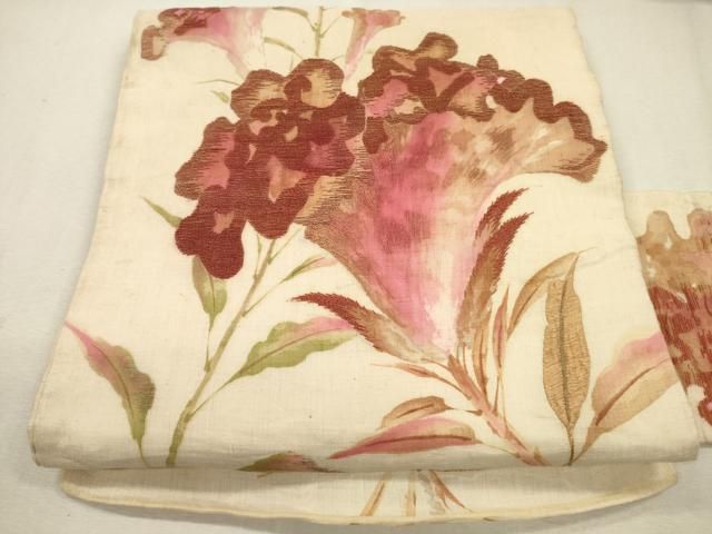 平和屋着物＊夏物　アンティーク　大正ロマン　九寸名古屋帯　刺繍　流水籬草花文　黒地　正絹　逸品　DABA0054cm 平和屋着物＊夏物 アンティーク 大正ロマン 九寸名古屋帯 刺繍 草花文 正絹