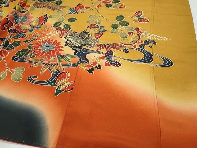 平和屋着物○豪華振袖 型染め 風景花蝶文 正絹 逸品 CAAV6762vf