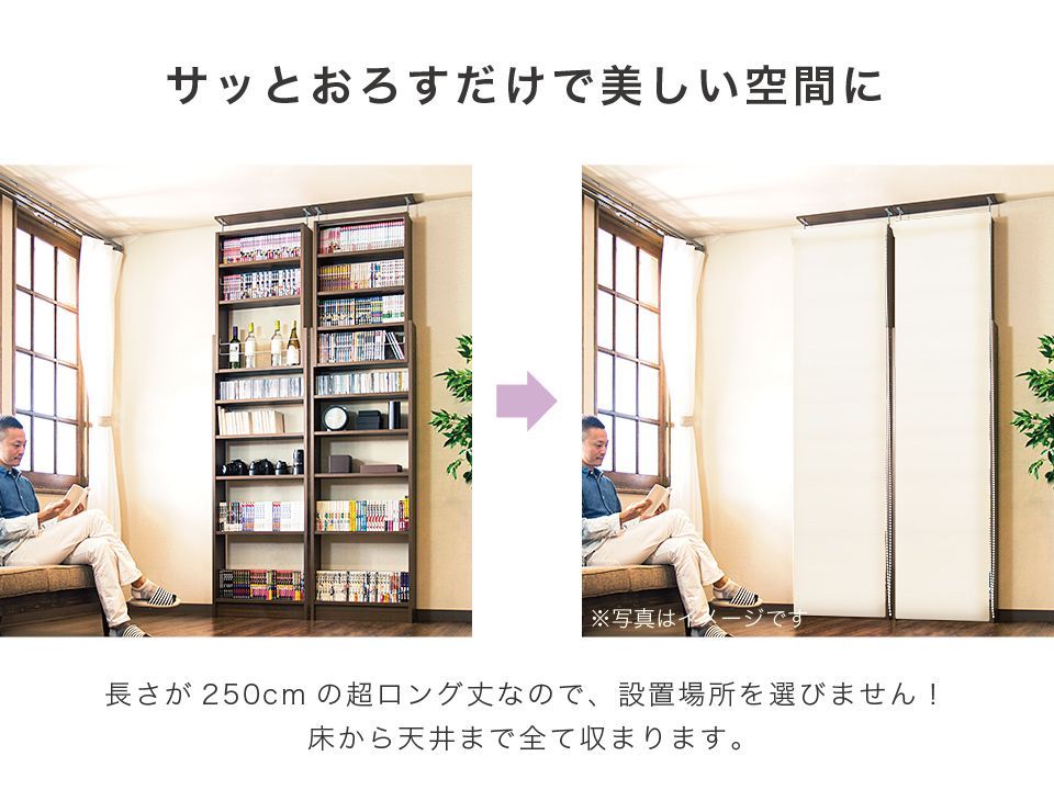 BYT101335401 ロールスクリーン 幅90cm×高さ250cm 本棚 用 目隠し 間仕切り スクリーン 模様替え 日よけ 日除け ブラインド おしゃれ ブラインド カーテン 窓 白 ...