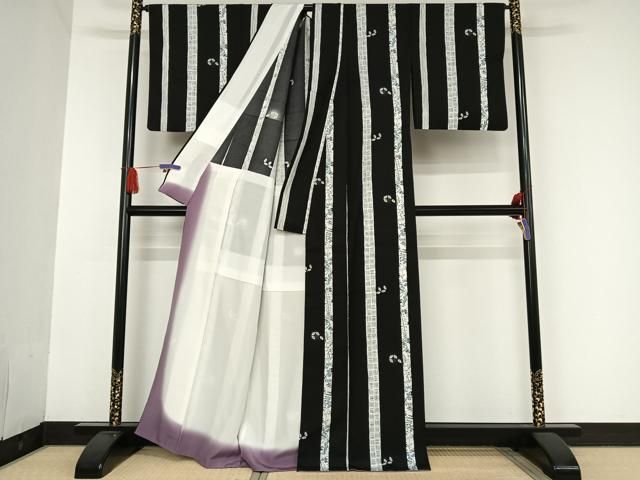 平和屋着物○上質な小紋 草花間道 黒地 丹後ちりめん 反端付き 正絹