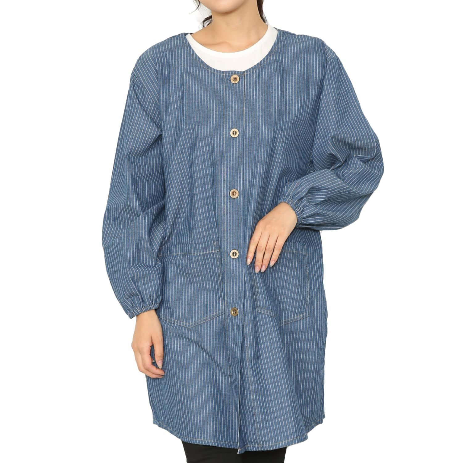 ロング丈 前開き ゆったり (無地/ヒッコリー) ポケット付き レディース 割烹着 袖付きエプロン デニムスモック [ニシキ] - メルカリ