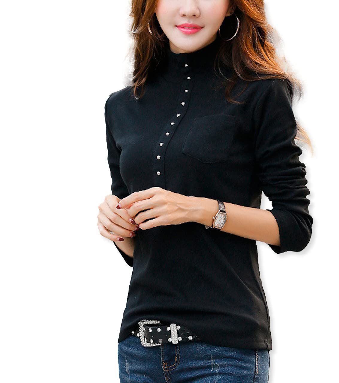 [ハベリィ] カットソー 長袖 ロンt tシャツ ハイネック トップス タートル ネック レディース インナー ゴルフ 胸ボタン t シャツ ...