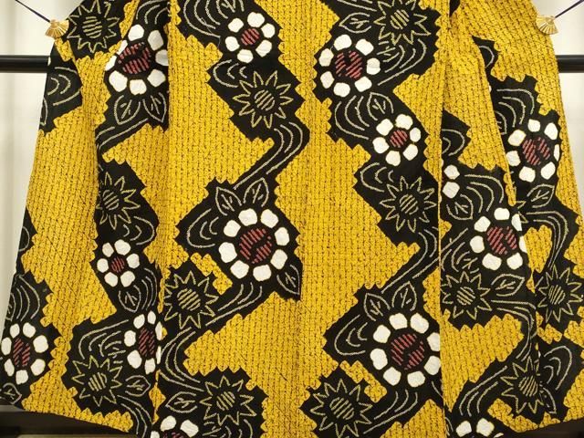 平和屋着物□極上 夏物 浴衣 有松鳴海絞り 扇面吉祥花文 黒地 綿