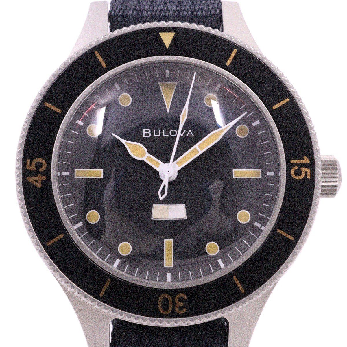 【美品】BULOVA ブローバ アーカイブシリーズ ミルシップ 自動巻き メンズ 腕時計 黒文字盤 純正ナイロンベルト 98A266【いおき ...