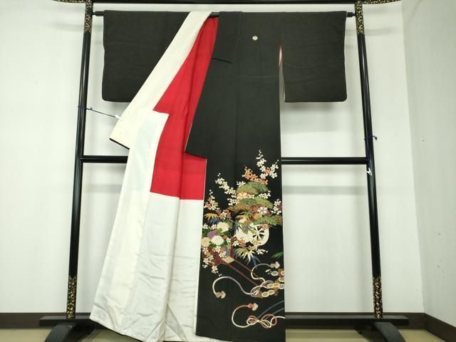 平和屋着物○アンティーク 大正ロマン 黒留袖 駒刺繍 吉祥花車文 金彩