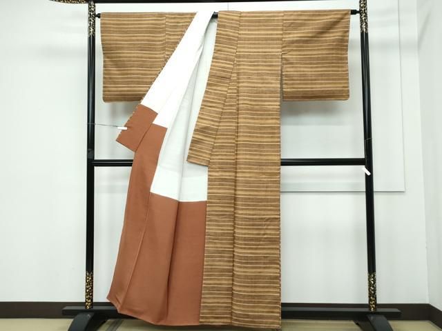 平和屋本店□極上 郡上紬 草木染 横段文 逸品 未使用 CZAA3431s5