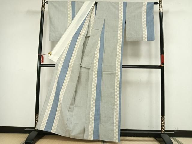 平和屋着物▽結城紬 奥順 はたおり娘 単衣 80亀甲 縞 正絹 逸品