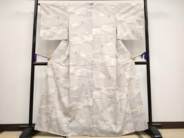 平和屋着物□極上 本場結城紬 重要無形文化財 100亀甲 霞風景文 逸品