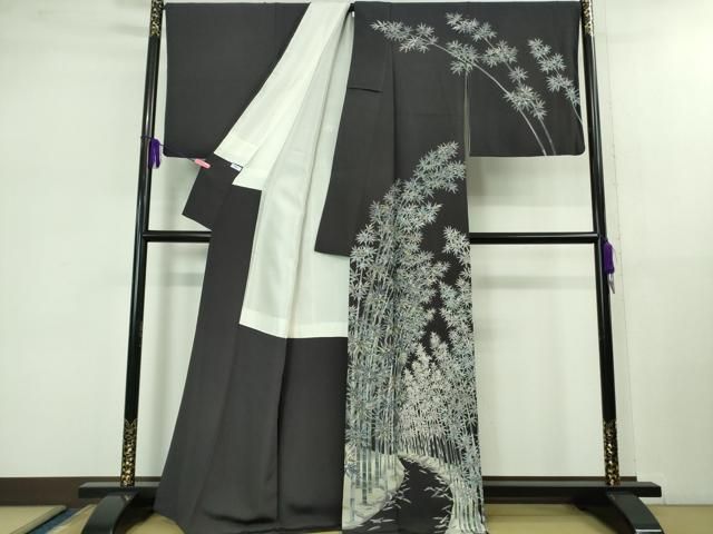 平和屋本店■極上　十日町友禅作家　林静穂　訪問着　竹林　青褐色地　逸品　DZAB1029kh5 平和屋本店□極上 十日町友禅作家 林静穂 訪問着 竹林 青褐色地 逸品