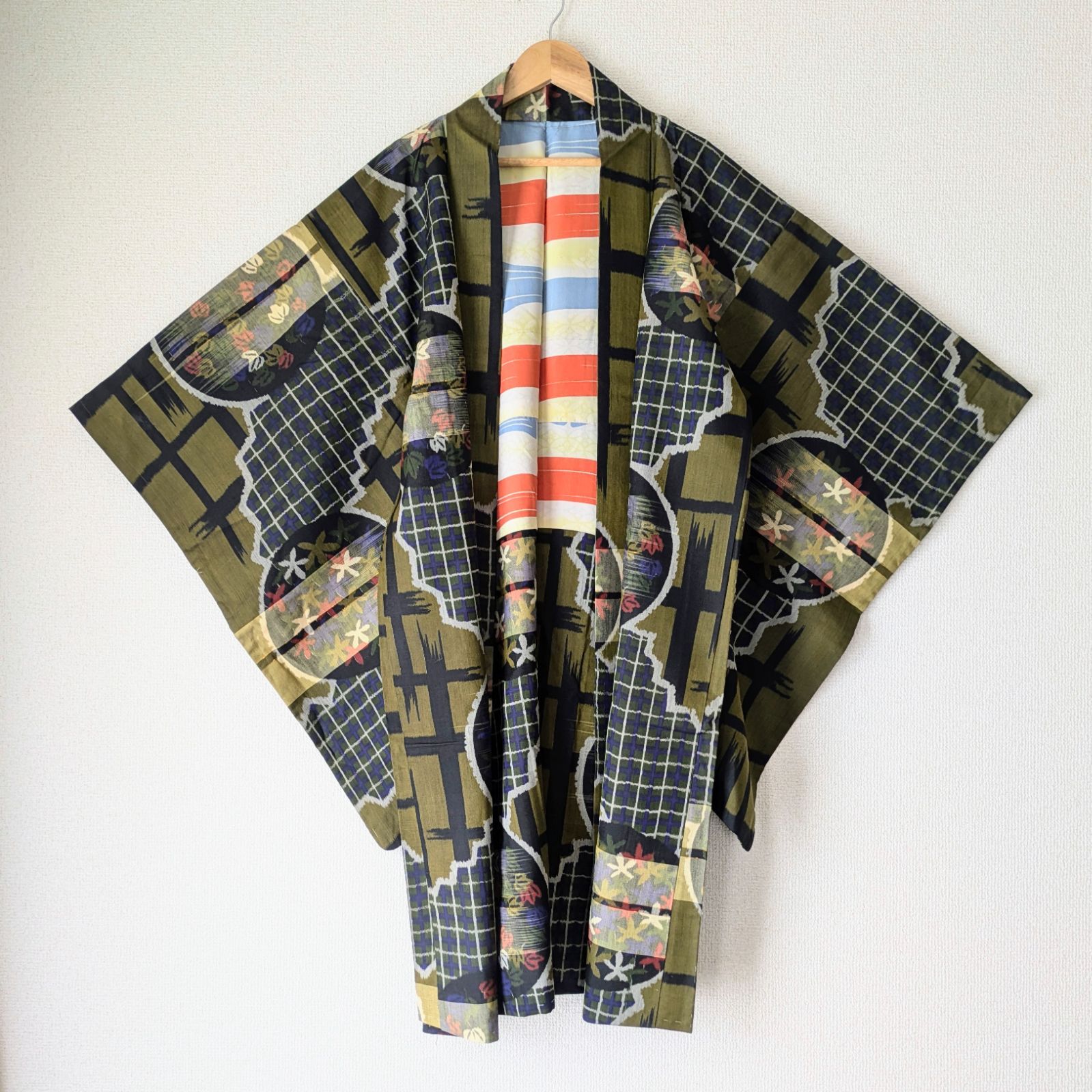 Japanese Vintage Haori Long Meisen Khaki Brown Autumn Pattern Silk ...