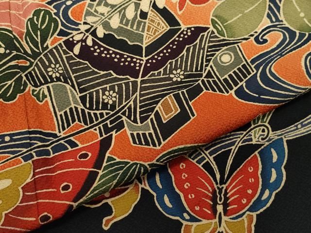 平和屋着物○豪華振袖 型染め 風景花蝶文 正絹 逸品 CAAV6762vf