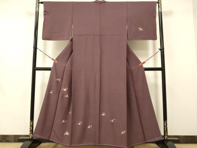 平和屋着物○訪問着 総刺繍 葡萄唐草文 紫鳶色 金糸 正絹 逸品 未使用