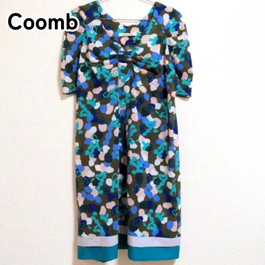 Coomb クーム 日本製 サイズ40 L相当 黒ベース バブルドット チュニックワンピース 膝丈 襟付きブイネック 半袖 - メルカリ