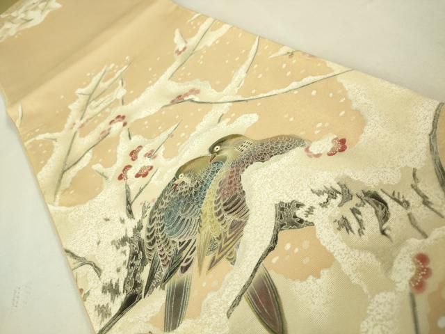 平和屋本店■極上　東京友禅　熊谷好博子　太鼓柄袋帯　刺繍　鳩　雪持ち梅　雄黄色地　金糸　逸品　DZAA4767kh5 平和屋本店□極上 東京友禅 熊谷好博子 太鼓柄袋帯 刺繍 鳩 雪持ち梅