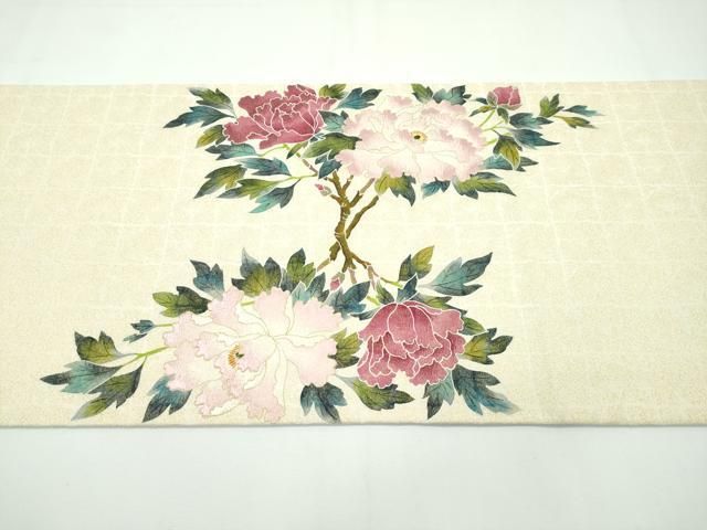 平和屋本店□極上 手描き友禅作家 腰原淳策 太鼓柄袋帯 刺繍 枝牡丹