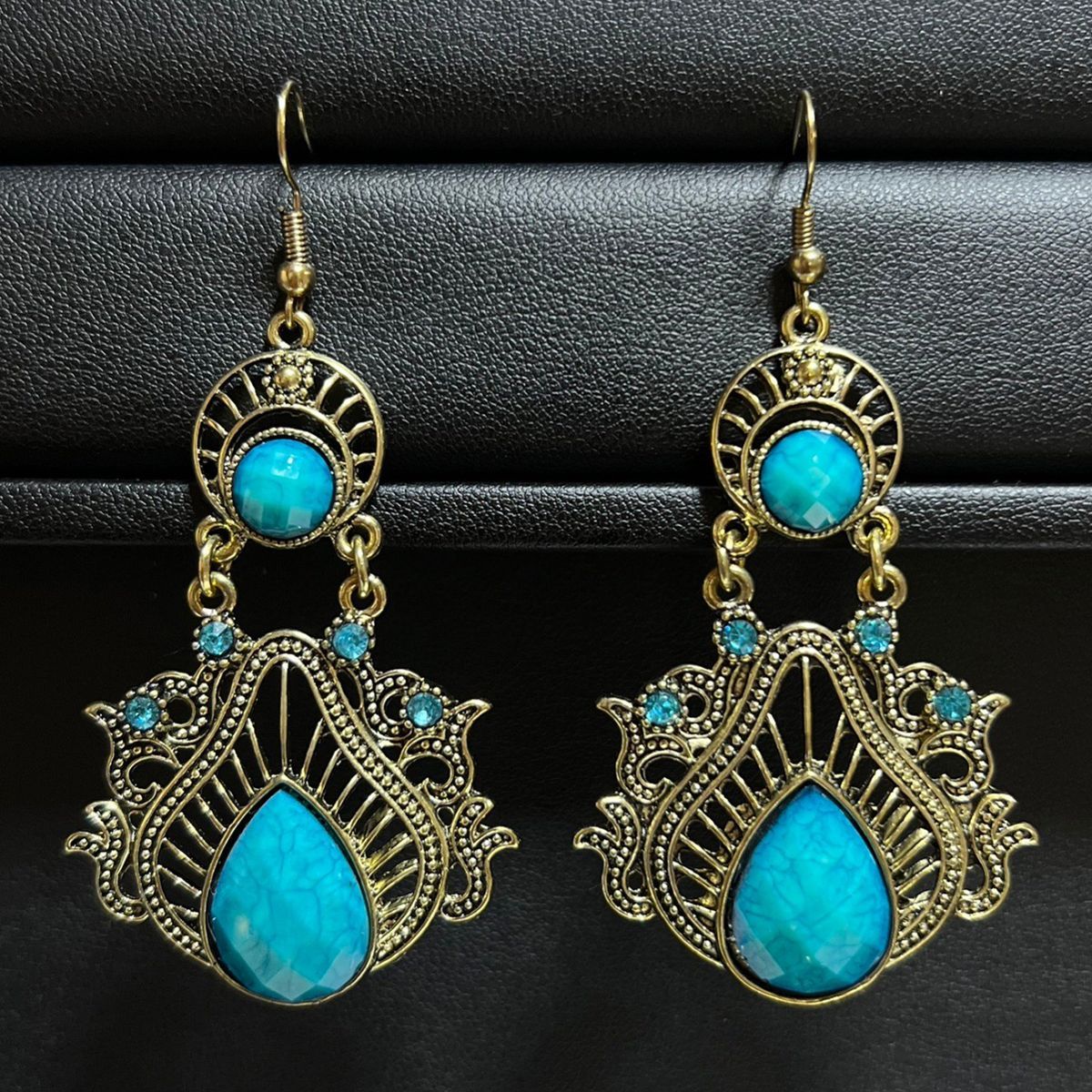 [70mm〜] Grand Arabesque アンティークゴールド トルコ アラベスク ピアス（金古美色×ターコイズマーブル）ゴージャス ...