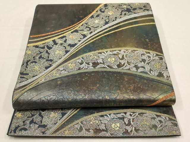 平和屋着物◎全通柄袋帯 綴れ 霞文 銀糸 正絹 逸品 未使用