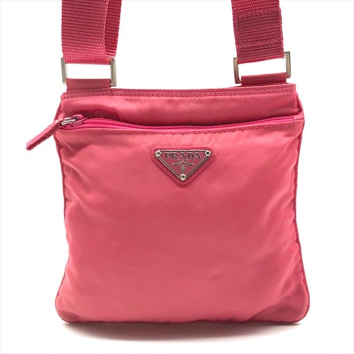 良品 PRADA プラダ 三角ロゴ プレート ナイロン テスート サコッシュ ショルダー バッグ ピンク 斜め掛け レディース k3633 ...