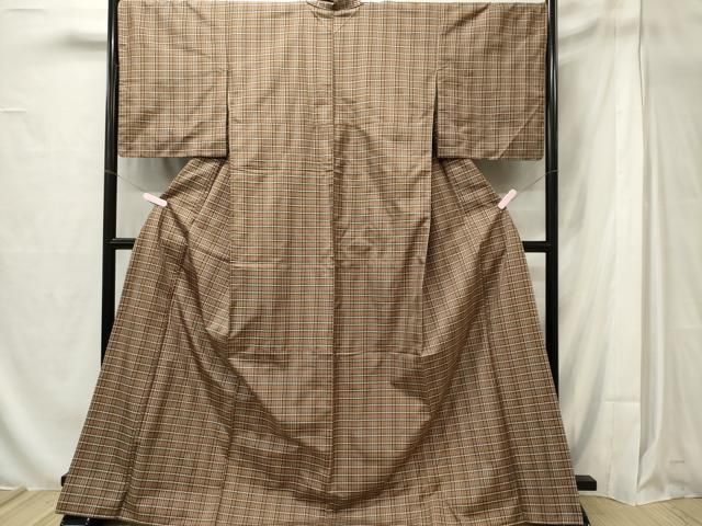 平和屋着物▽上質な紬 単衣 格子柄 正絹 逸品 CAAV9447ze