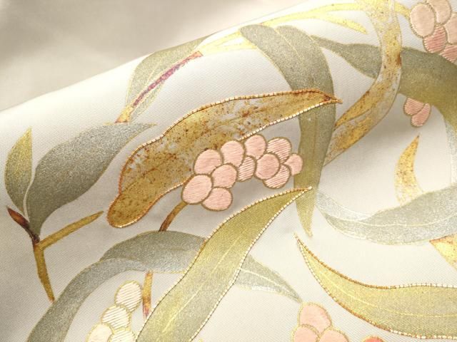 平和屋着物○塩瀬 九寸名古屋帯 駒刺繍 葡萄蔦の葉文 金彩 正絹 逸品