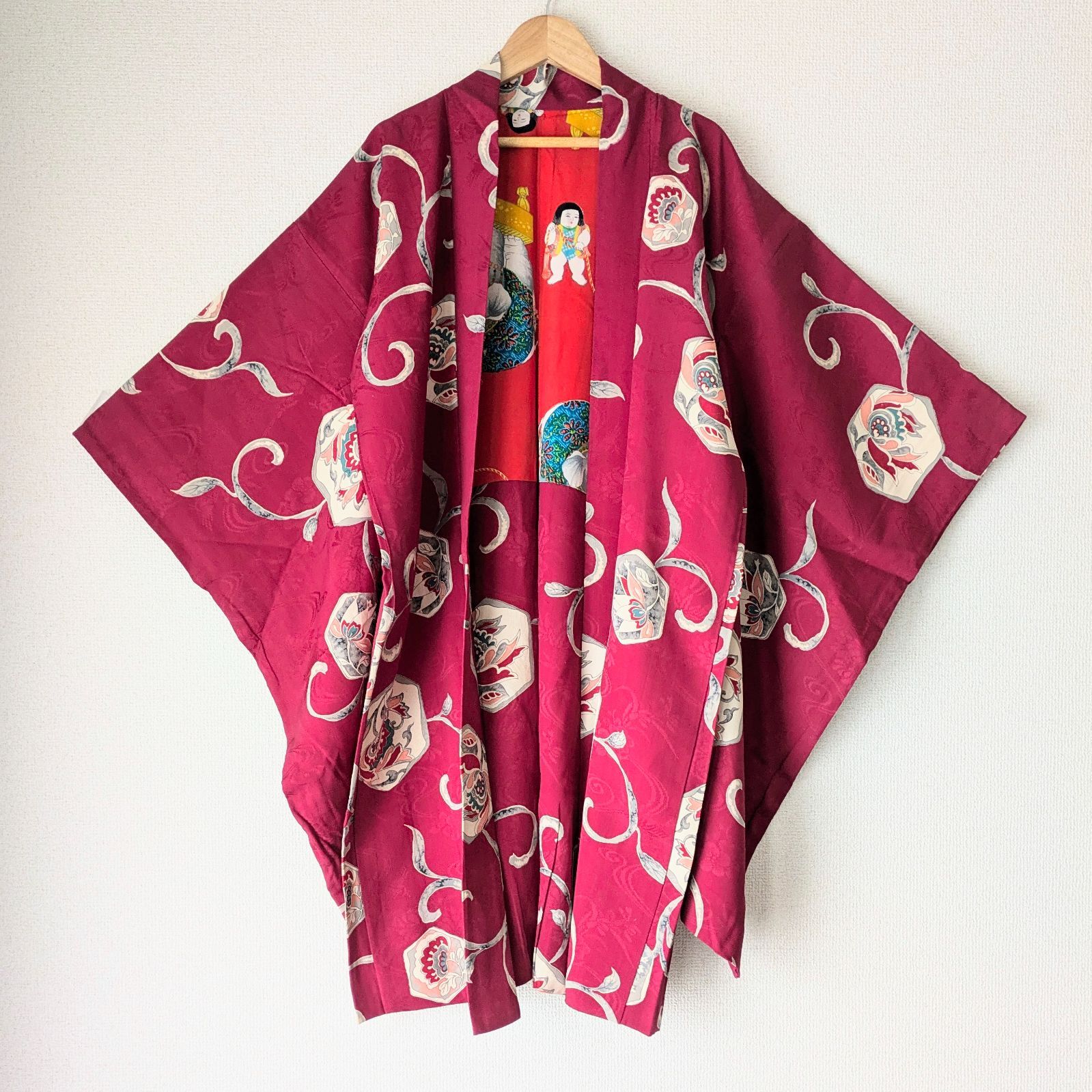 Japanese Vintage Haori Long Chirimen Red Silk Kimono Gown Old-ⅽloth 長羽織 ...