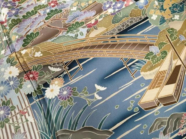 平和屋着物○訪問着 風景渡り橋草花文 暈し染め 銀彩
