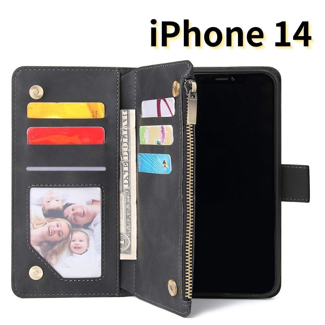 【SHOPS M】 iPhone14 レザー風 スマホケース 手帳型 財布 スマホスタンド 耐衝撃 マグネット式 カードケース 黒 E020 - メルカリ