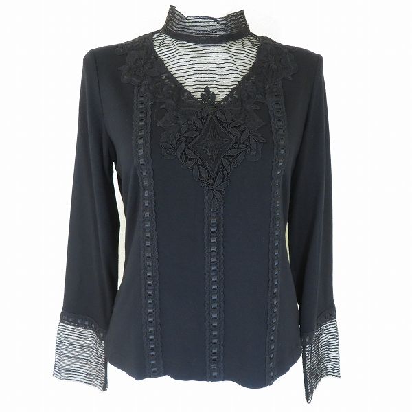 #a インポートロッサ import Rossa カットソー 42 黒 レース 刺繍 長袖 ハイネック シースルー 裏起毛 916557 ...