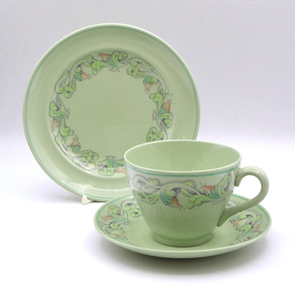 アンティーク食器 Spode スポード Flemish Green フレミッシュグリーン Scroll スクロール トリオ・ティーカップ ...