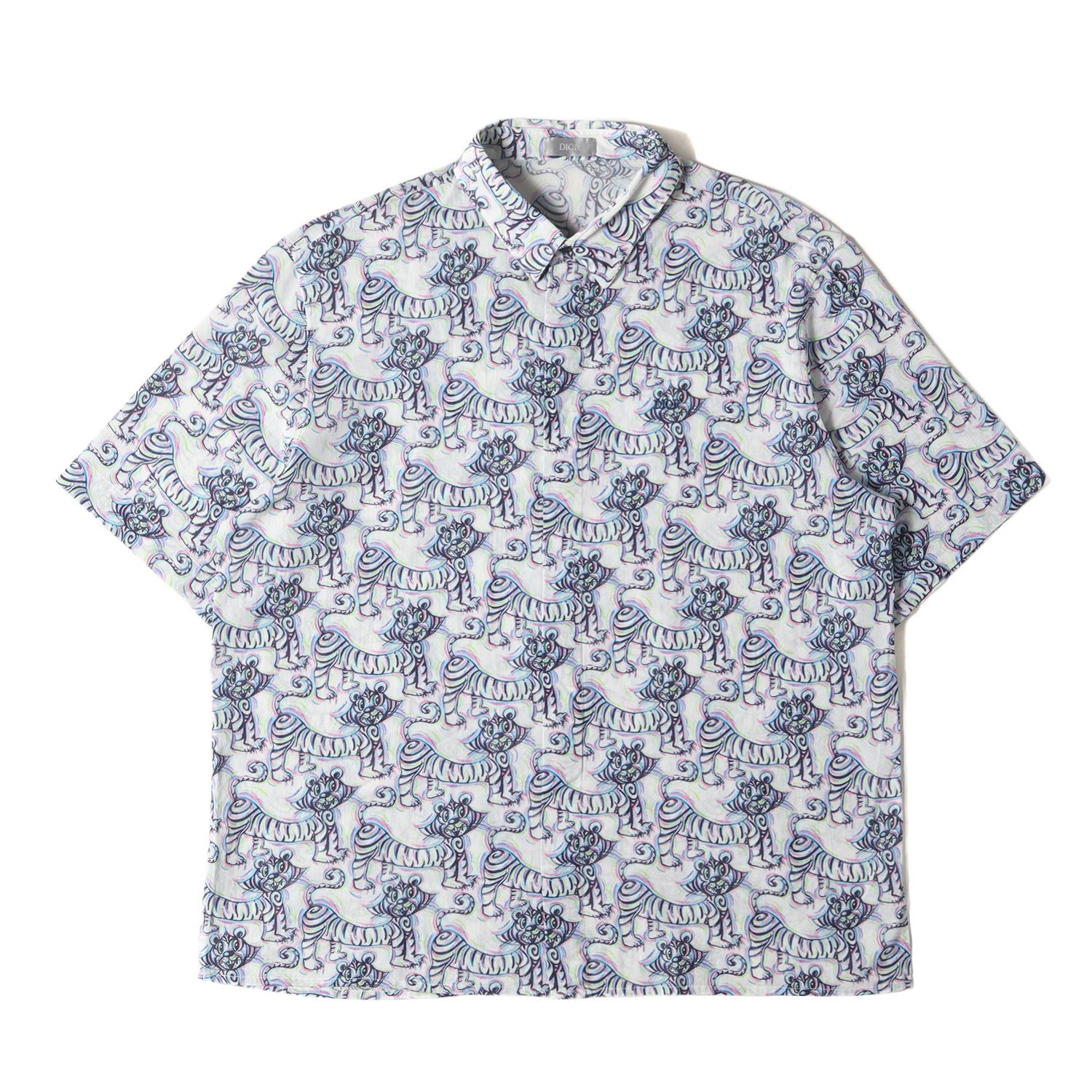 美品 Dior HOMME ディオールオム シャツ サイズ:42 21SS KENNY SCHARF タイガー プリント フライフロント コットン 半袖 ドレスシャツ 総柄 ホワイト マルチ ...