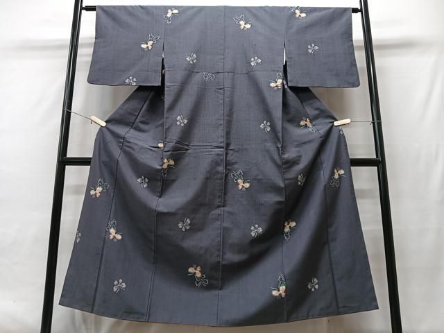 平和屋着物□上質な紬 枝花舞蝶文 正絹 逸品 AAAI9101Abr